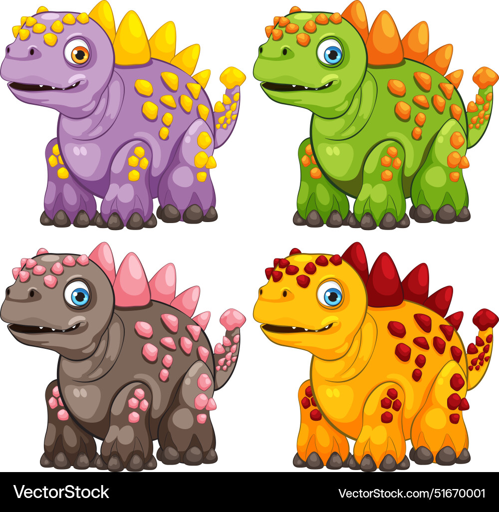 Four vibrant dinosaurs with unique colors Vector Image