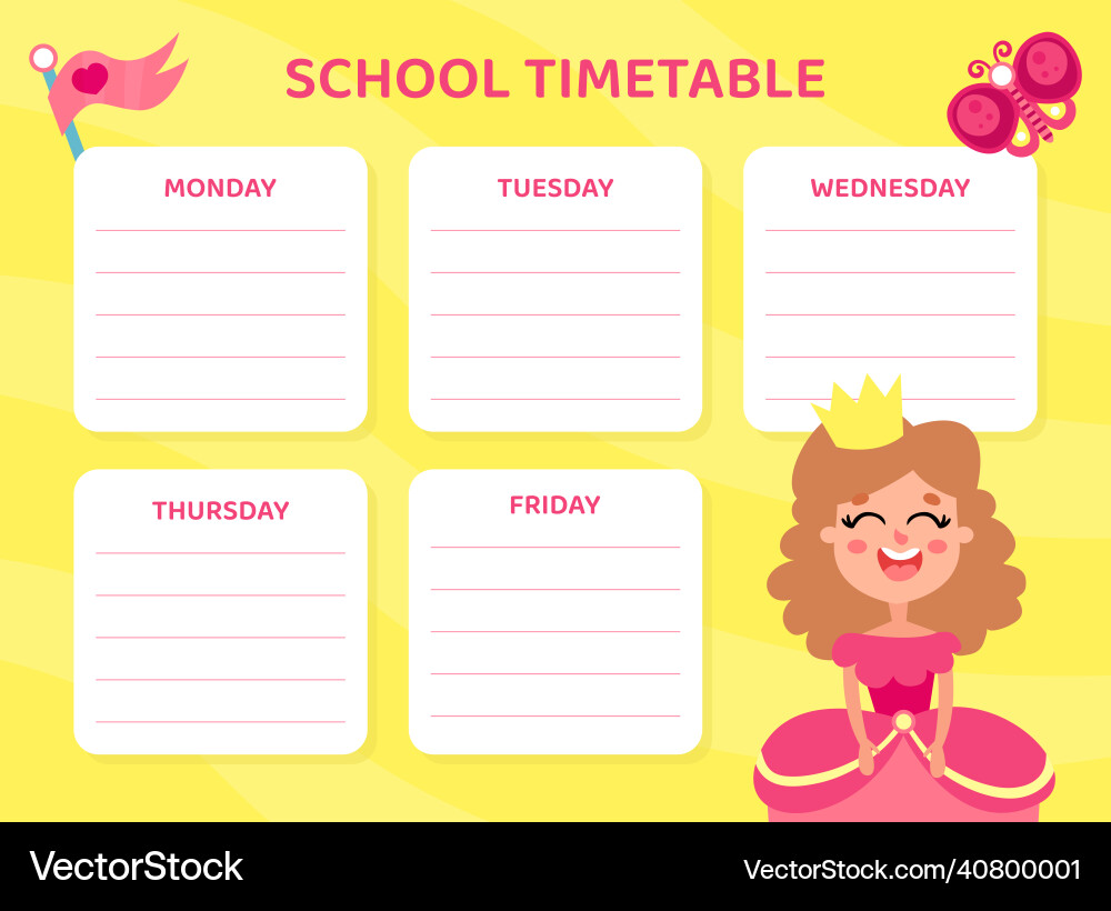 School timetable with smiling girl princess Vector Image