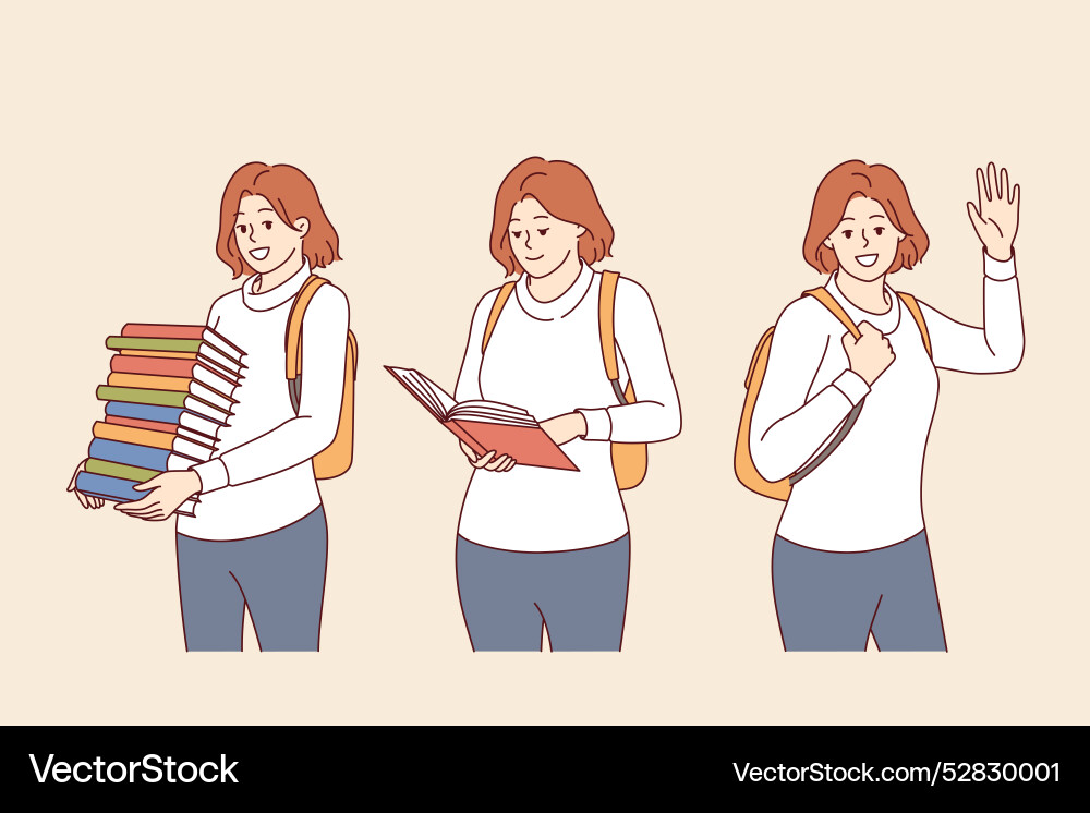 Woman student with stack of books and backpack Vector Image