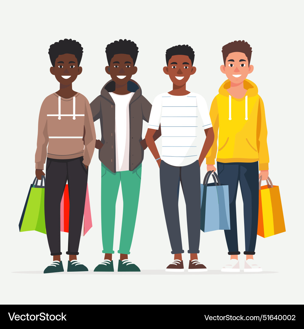 Four young men standing together smiling holding Vector Image