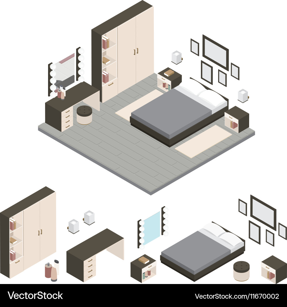 Isometric create a bedroom icon set Royalty Free Vector