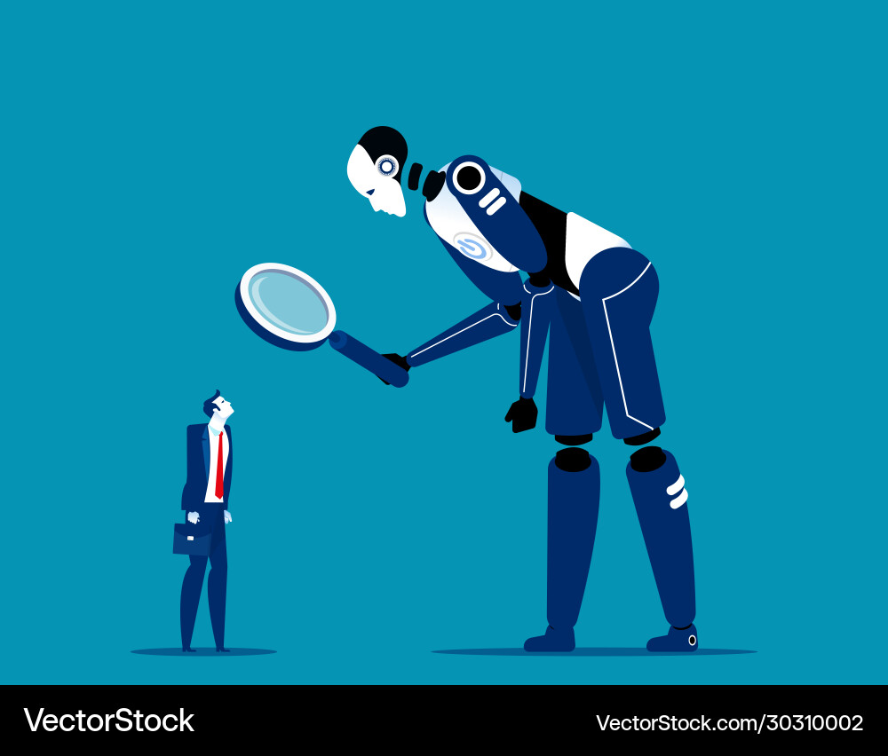 Robot humanoid looking through magnifying Vector Image