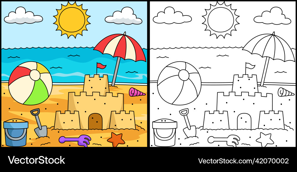 Toys on the beach coloring page Royalty Free Vector Image