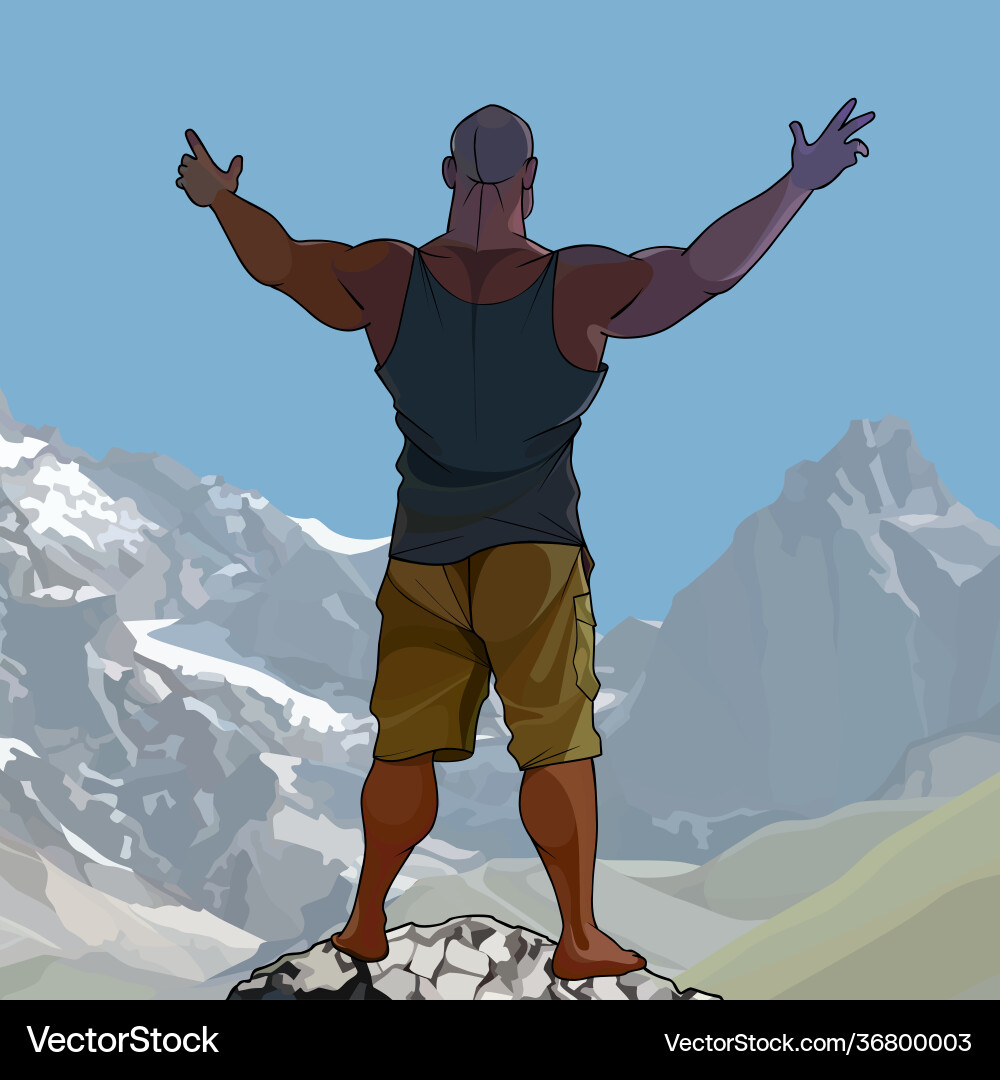 Cartoon muscular man standing high Royalty Free Vector Image