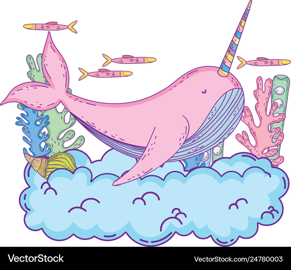 Cute narval in clouds scene Royalty Free Vector Image