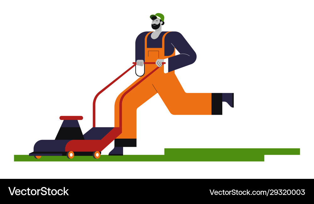 Gardener with lawn mower cutting grass isolated Vector Image