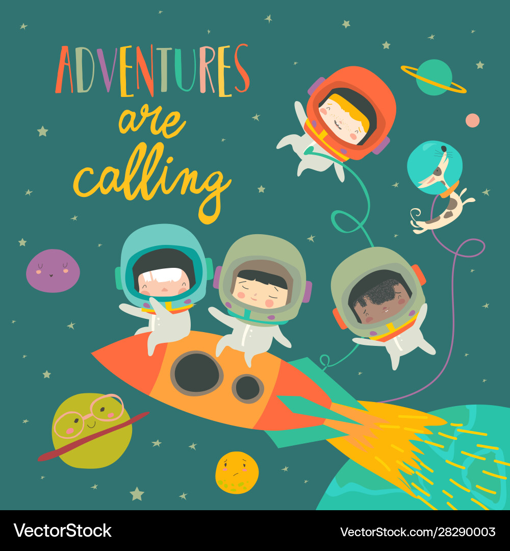 Girls ans boys astronauts riding a rocket Vector Image