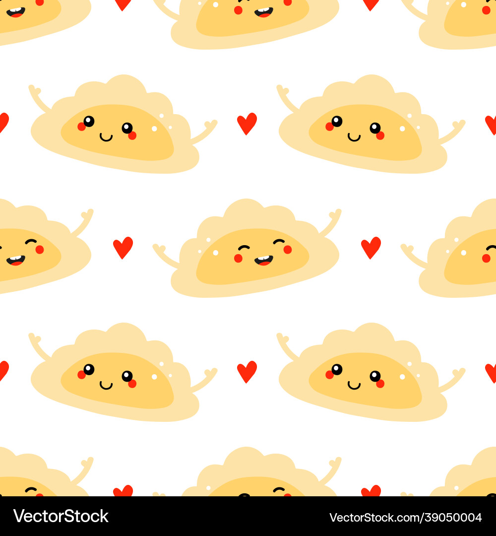 Pierogi characters and red hearts pattern Vector Image
