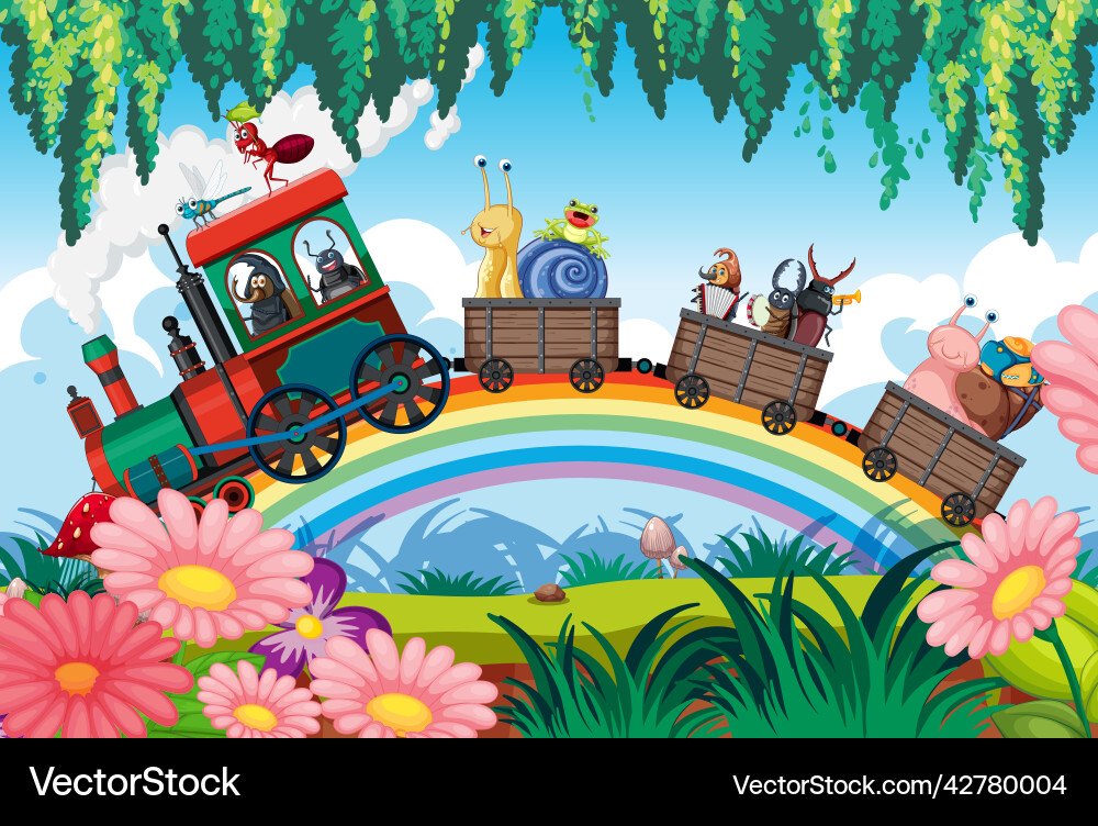 Scene with bugs riding on the train Royalty Free Vector