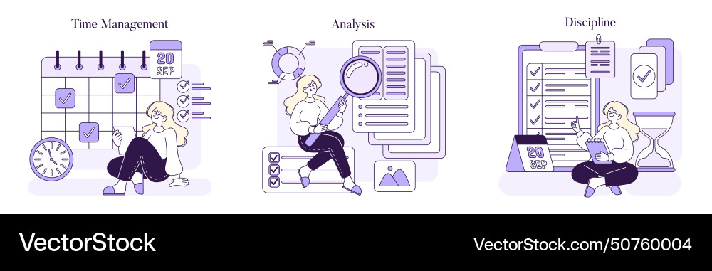 Time management analysis discipline set Royalty Free Vector