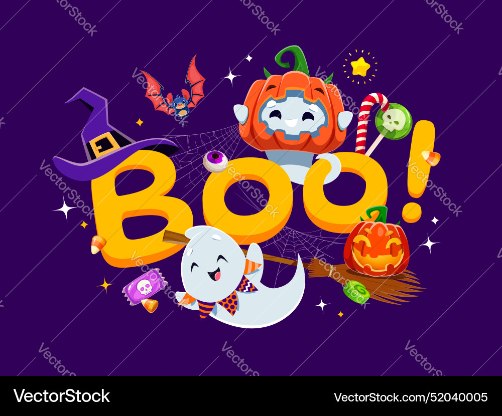 Kawaii Halloween Boo Banner with Sweets Royalty Free Vector