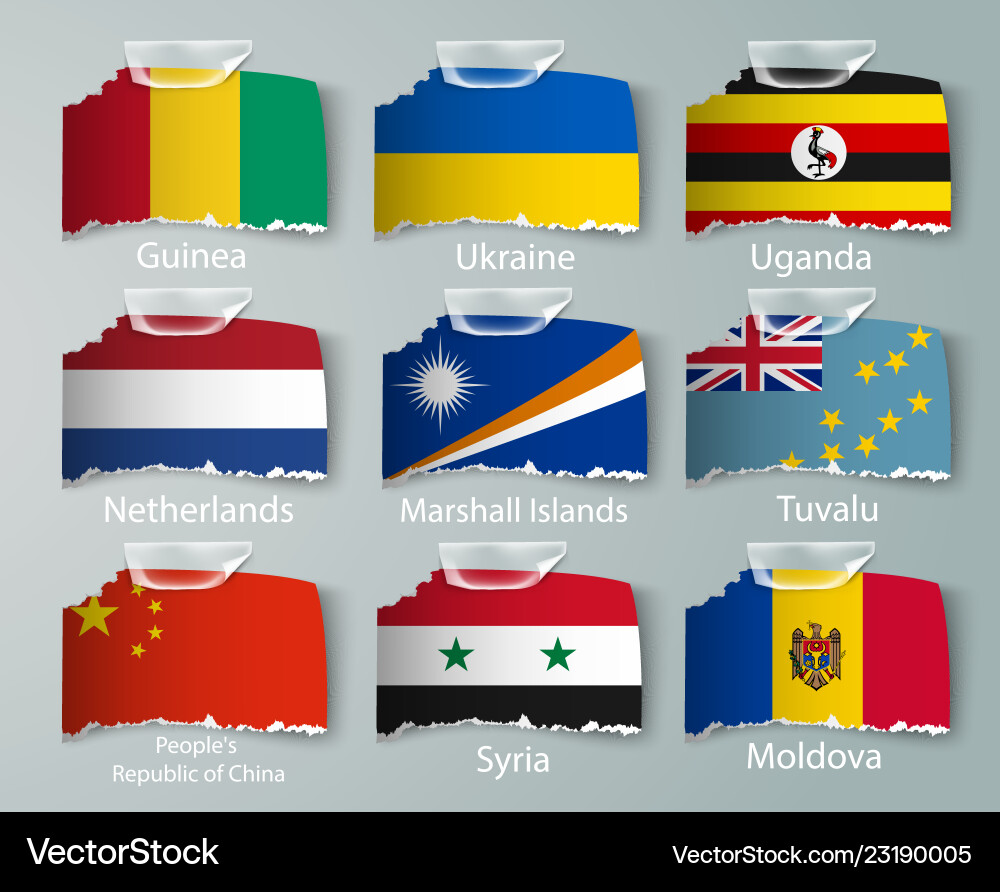 Realistic set flags paper countries Royalty Free Vector