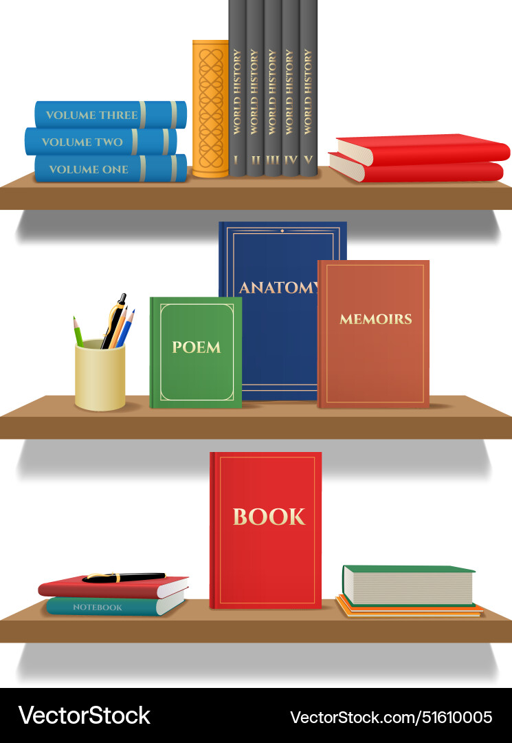 Wall bookshelf with different books Royalty Free Vector