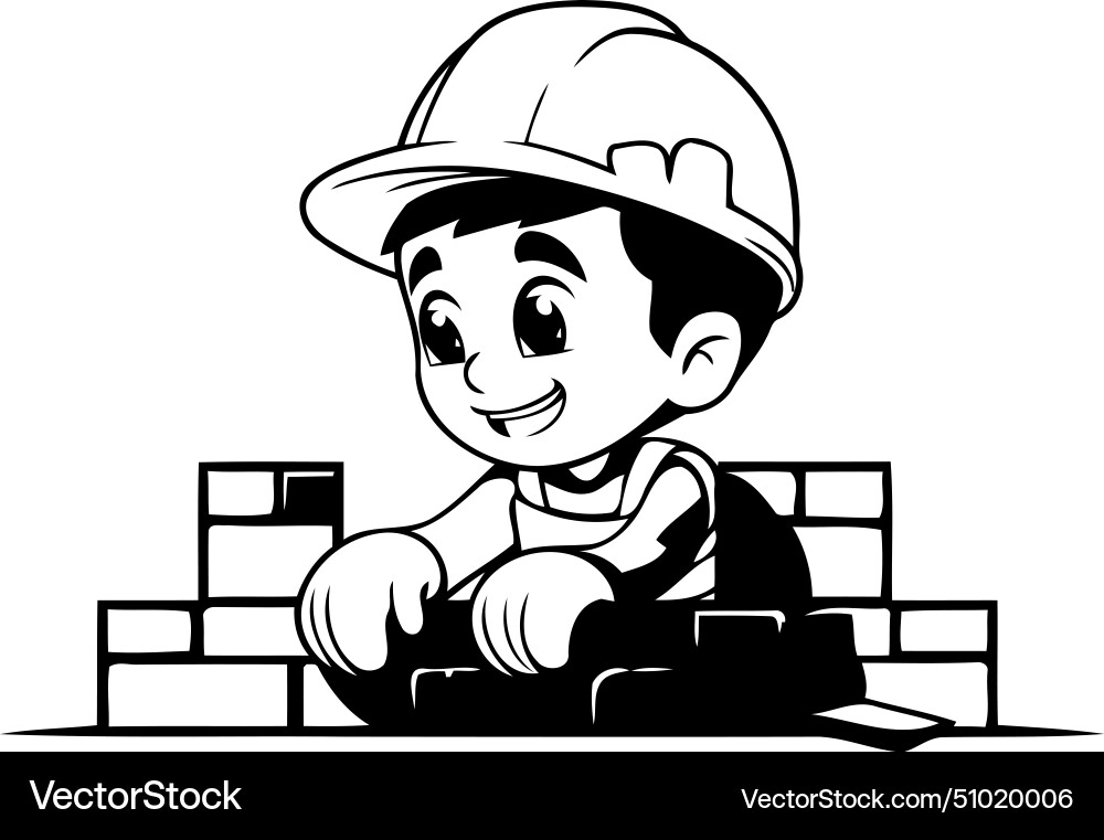 Cartoon little builder boy building a brick wall Vector Image