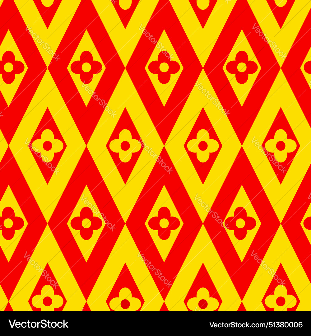 Flowers on red yellow diamonds seamless pattern Vector Image