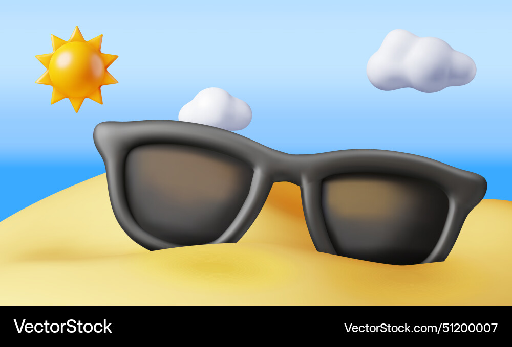 3d beach with sunglasses in sand over sea Vector Image