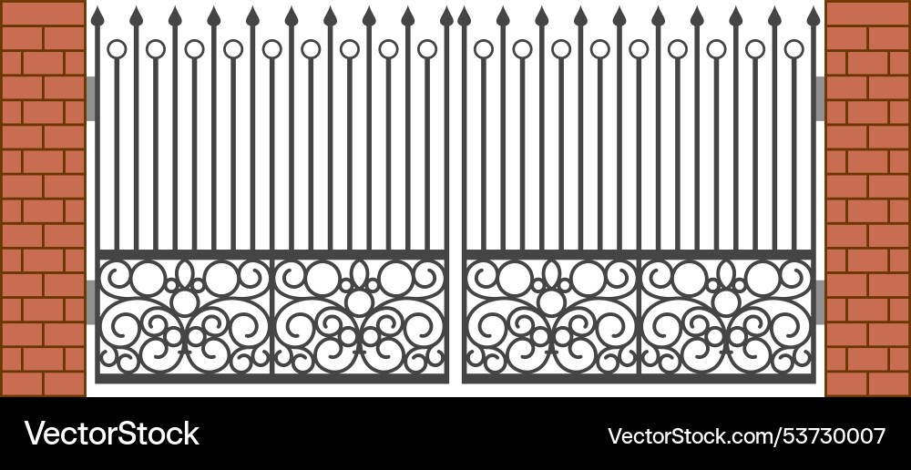 Elegant wrought iron gates with brick pillars Vector Image