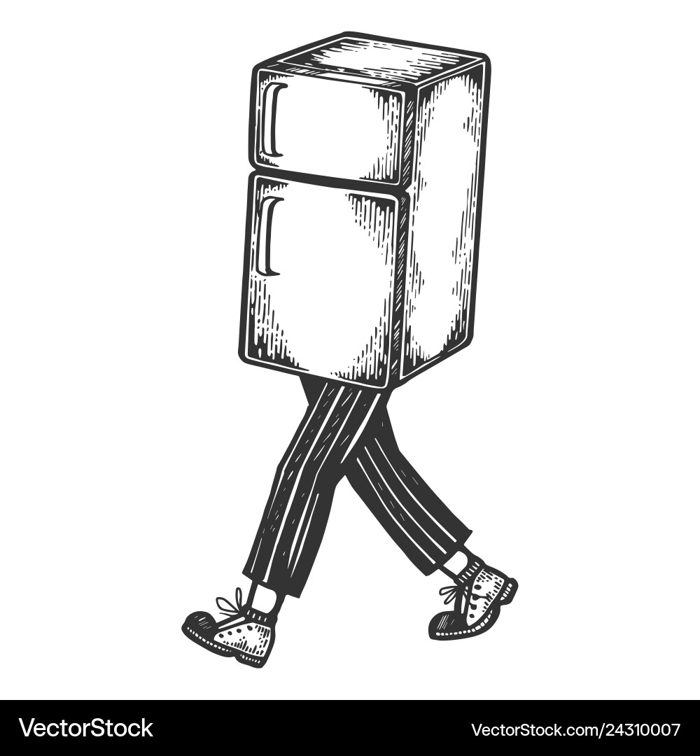 Fridge walks on its feet sketch engraving Vector Image