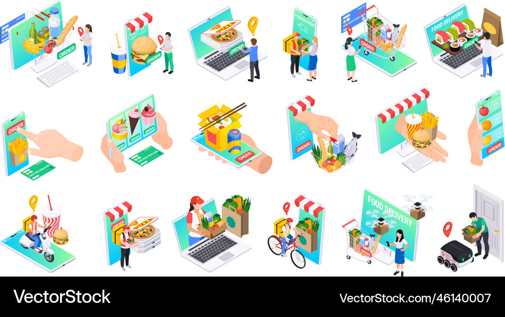 Isometric food delivery icons Royalty Free Vector Image