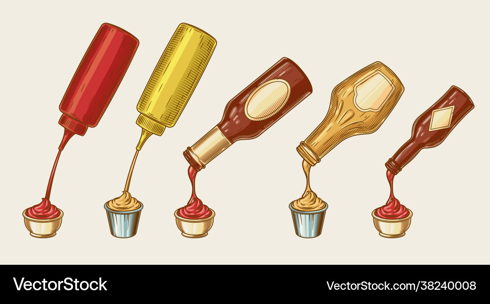 An engraving style set different sauces Royalty Free Vector