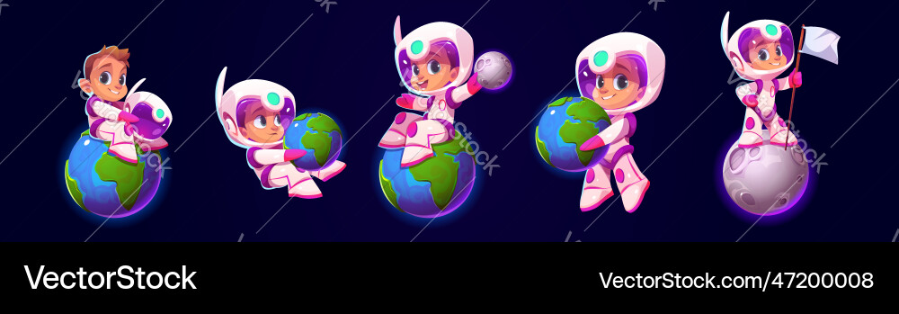 Cartoon child astronaut playing with planets Vector Image