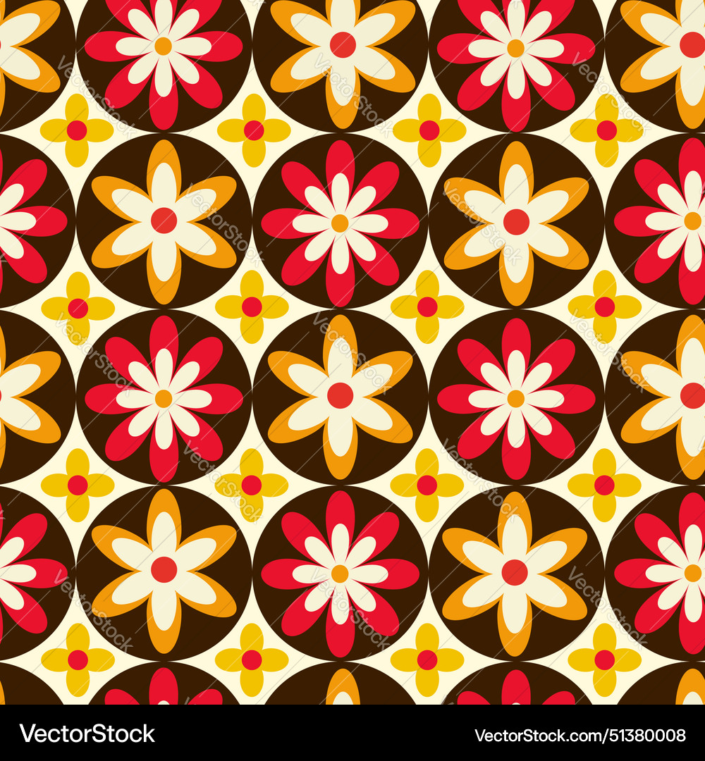 Groovy flowers on black circles seamless pattern Vector Image