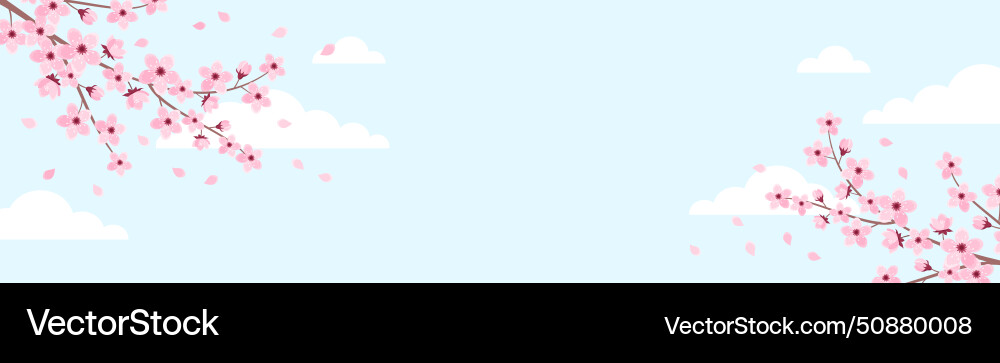 Pink cherry blossom frame on a blue background Vector Image