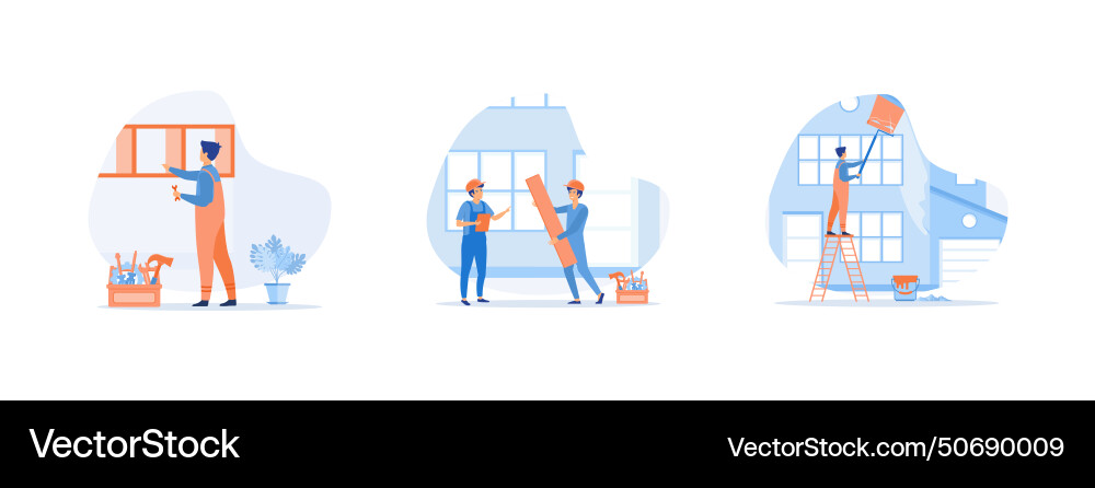 Home renovation flat set with contractor workers Vector Image