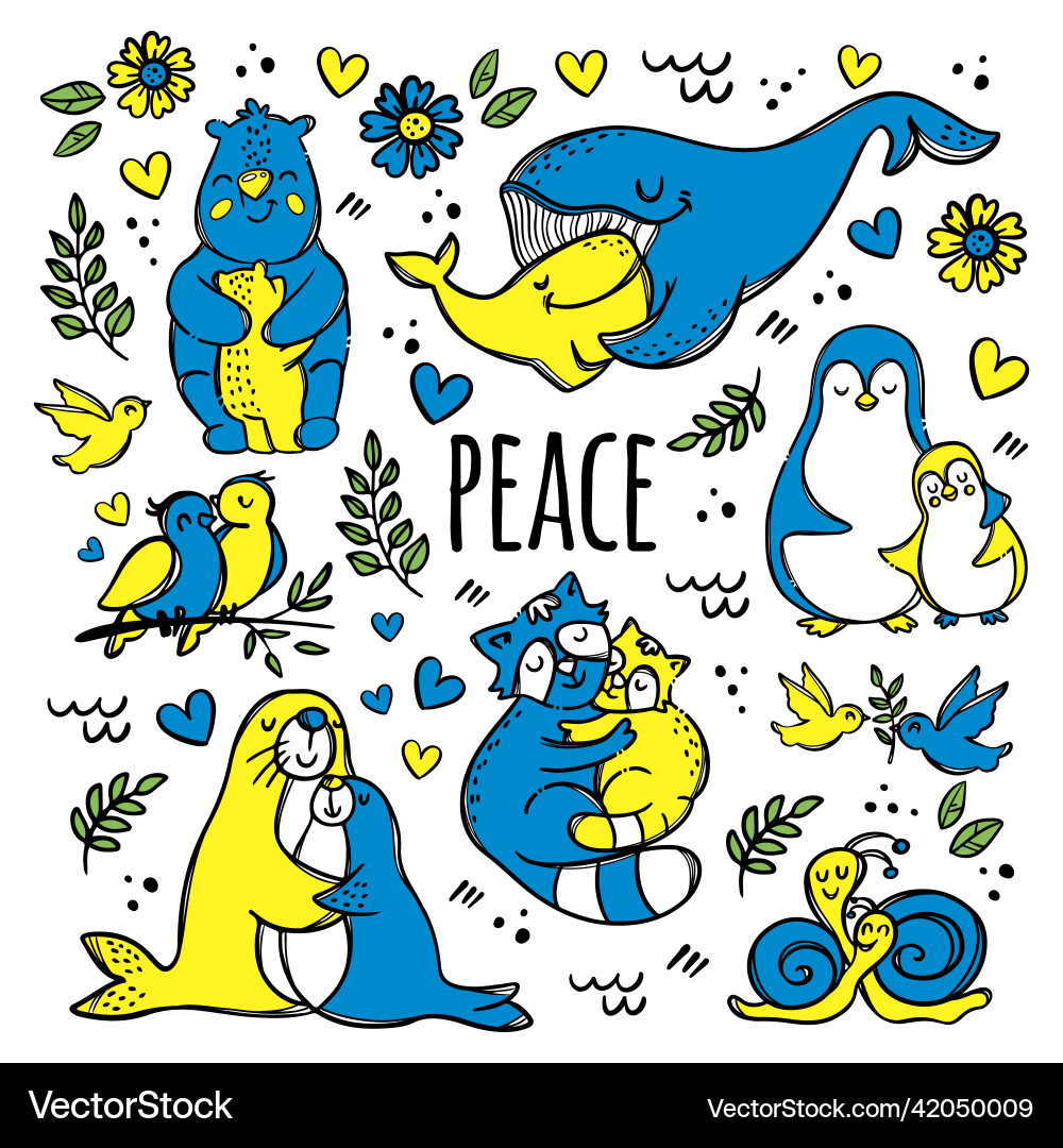 Peace plus animals hand drawn cartoon Royalty Free Vector