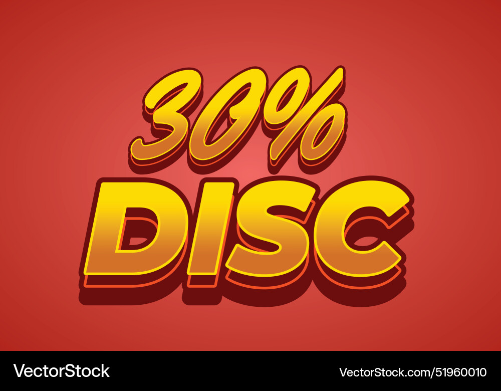 30 percent discount text effect in 3d style Vector Image
