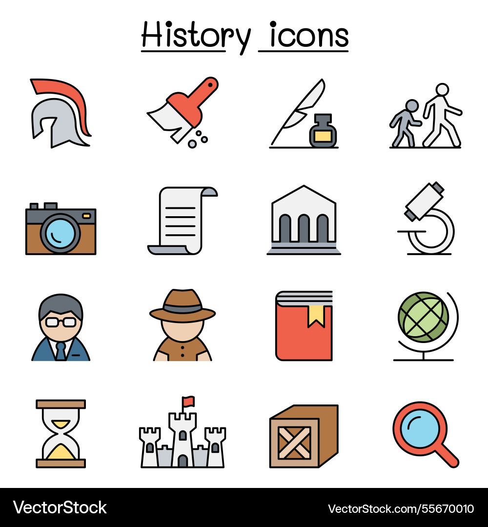 History and archeology icon set in color line Vector Image