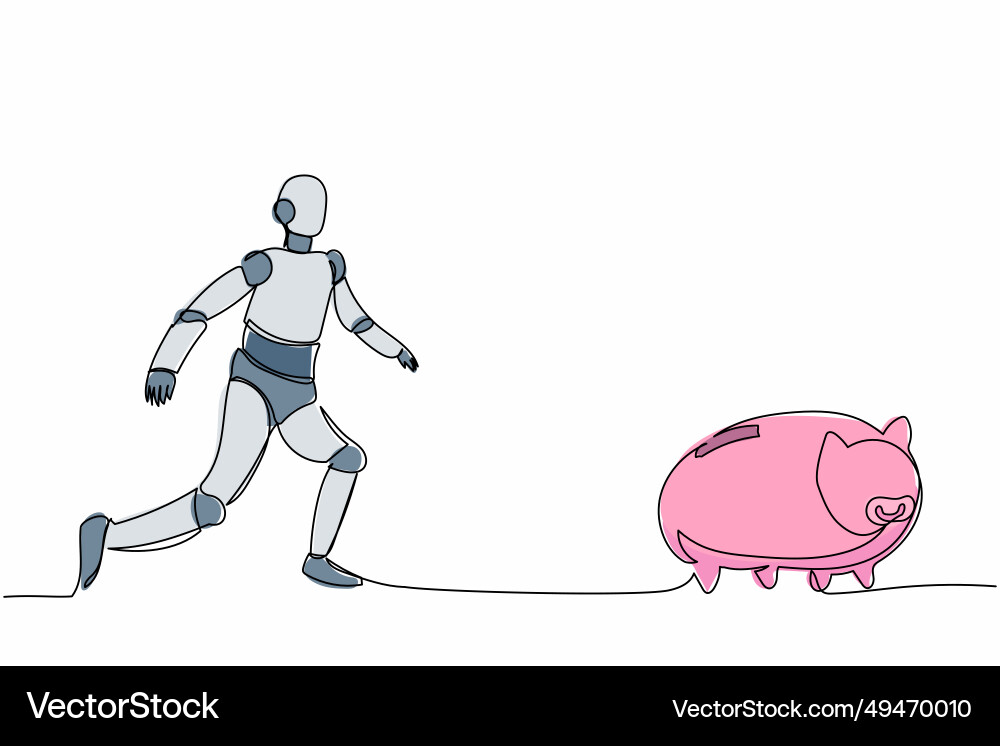 Single one line drawing robot chase piggy bank Vector Image