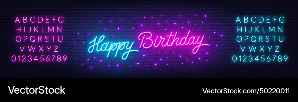 Happy birthday neon text on brick wall background Vector Image