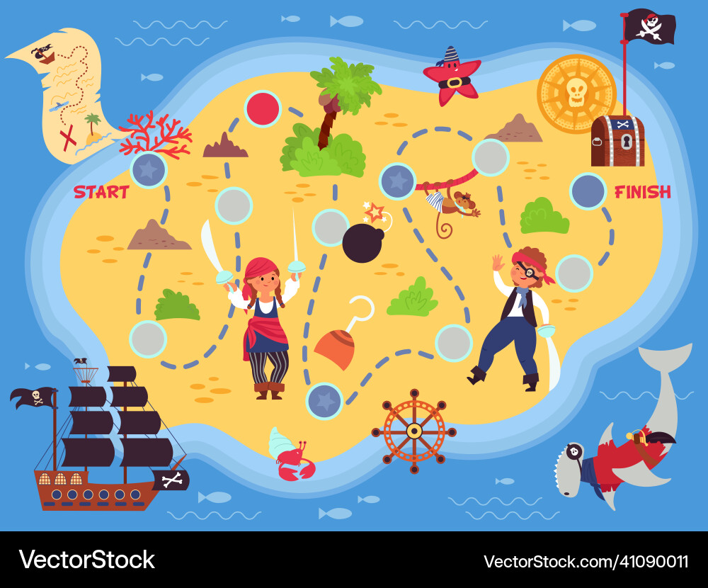 Pirate adventures map pirates islands board Vector Image