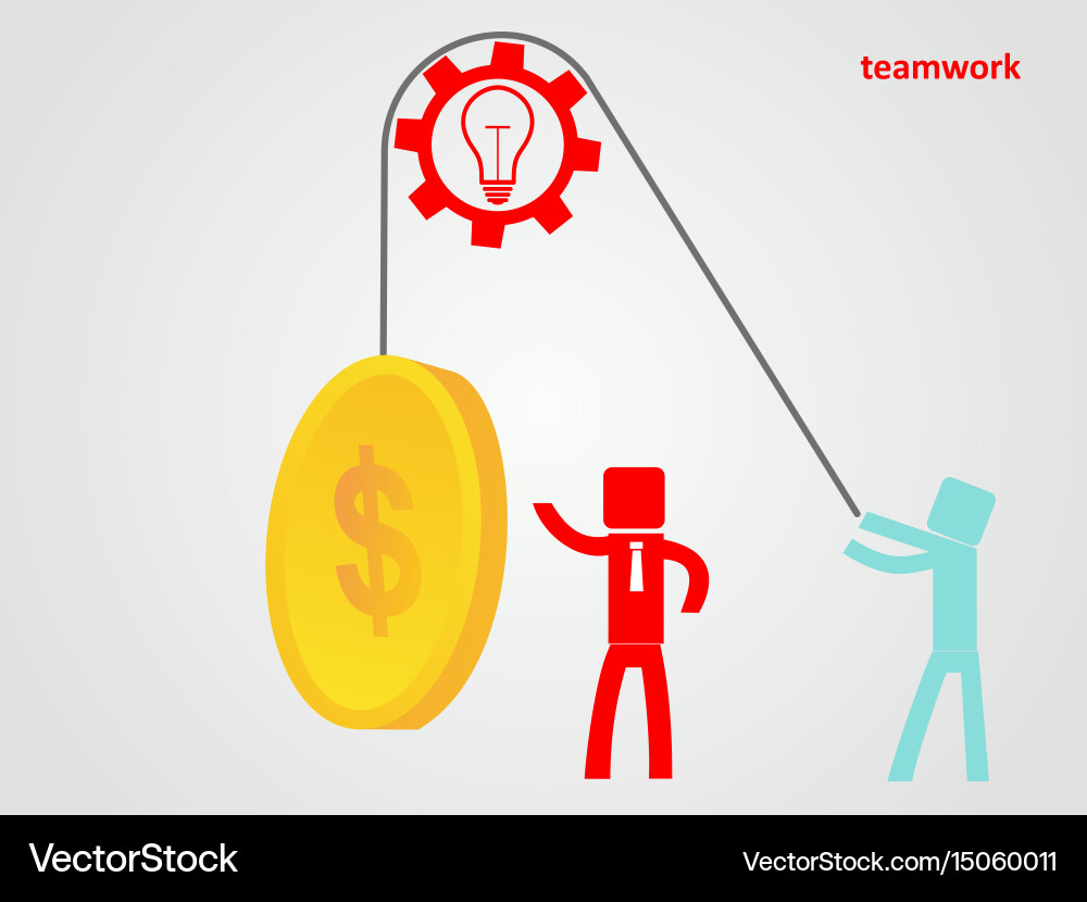 Teamwork concept - an employee raises a coin Vector Image