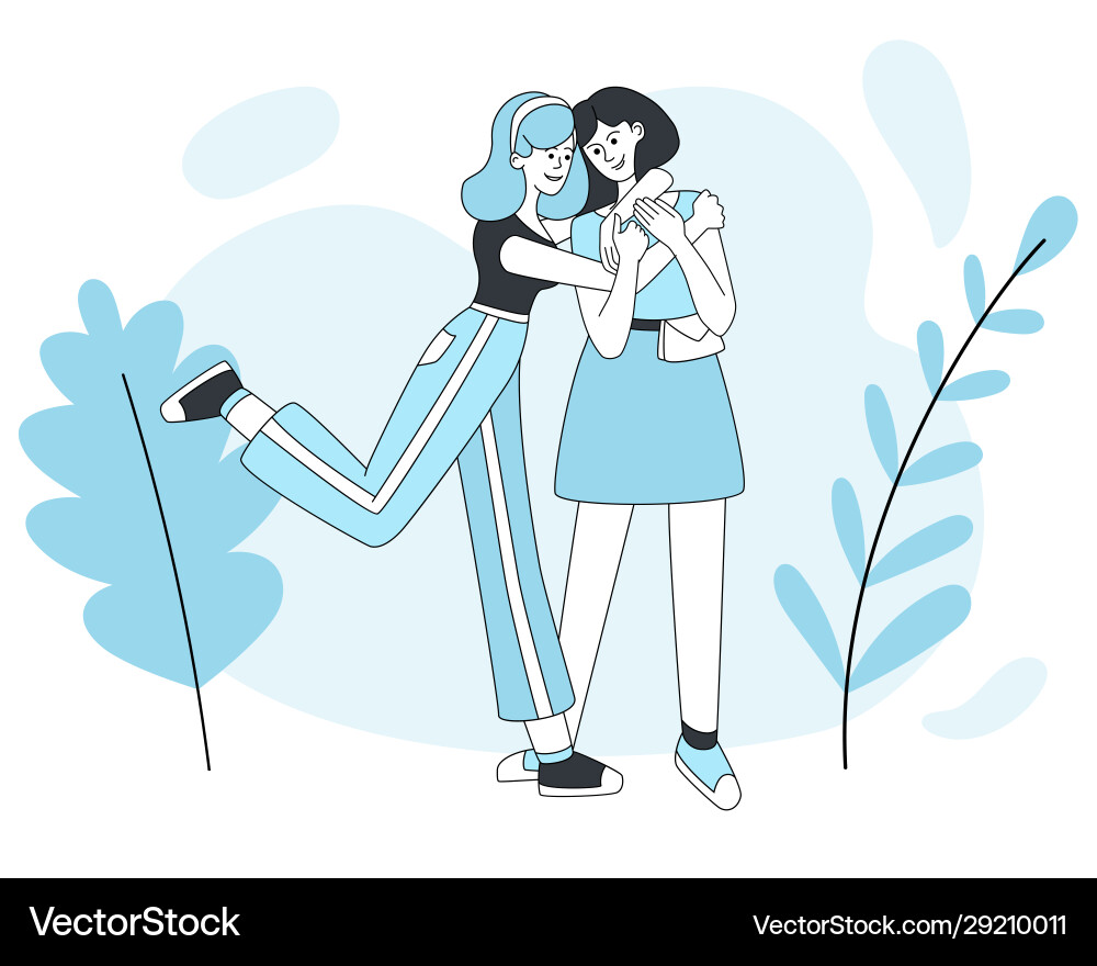 Two smiling girls hugging cartoon Royalty Free Vector Image
