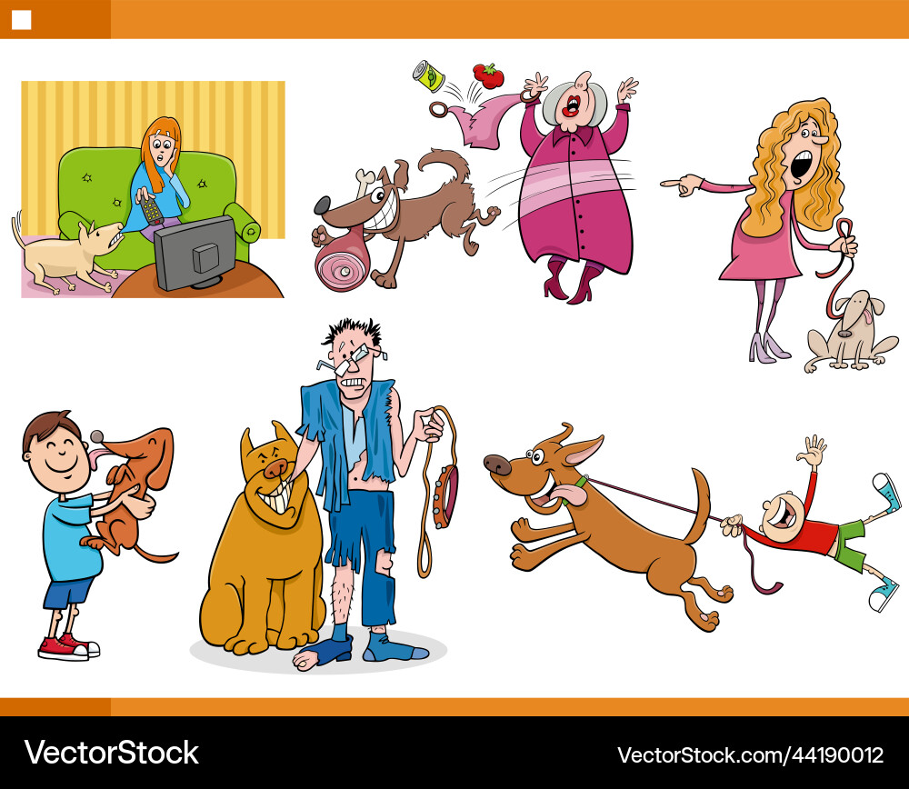 Cartoon pet owners with their dogs comic set Vector Image