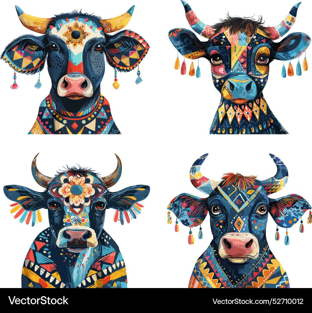 Cow patchwork pattern cartoon set bull Royalty Free Vector