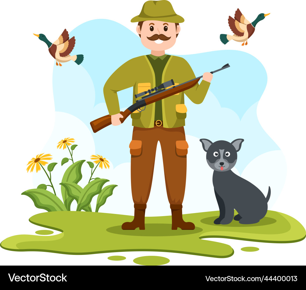 Hunter with hunting rifle or weapon shooting Vector Image