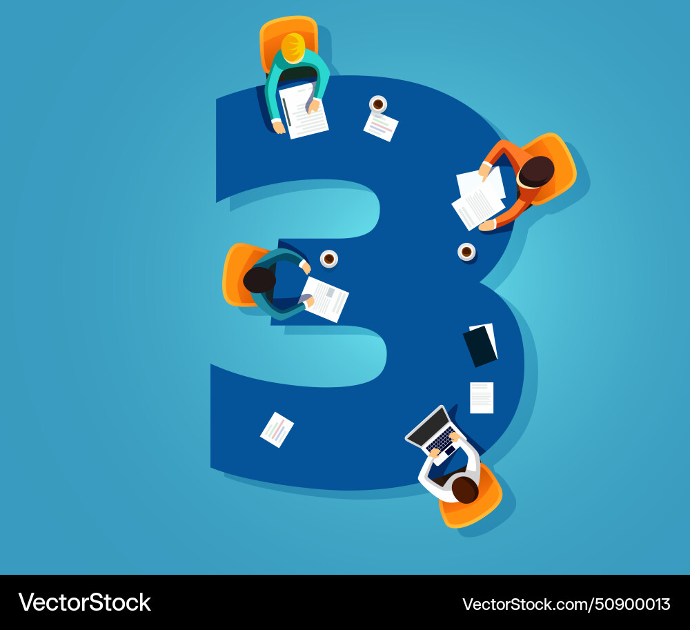 Number 3 team works together at a table Royalty Free Vector