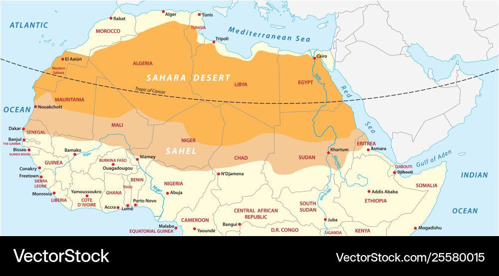 Map sahara desert and sahel zone Royalty Free Vector Image