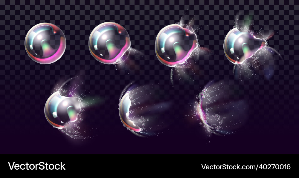 Soap bubble explosion stages realistic rainbow Vector Image