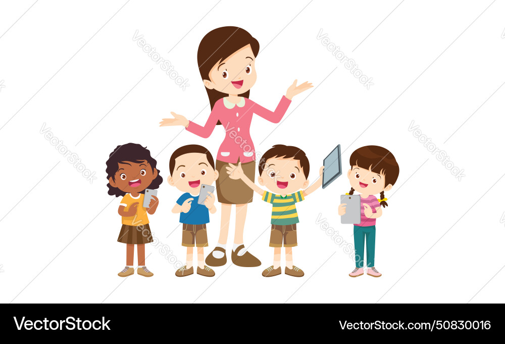 Teacher and kids learning computer technology Vector Image