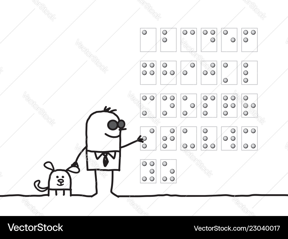 Cartoon blind man reading braille alphabet Vector Image