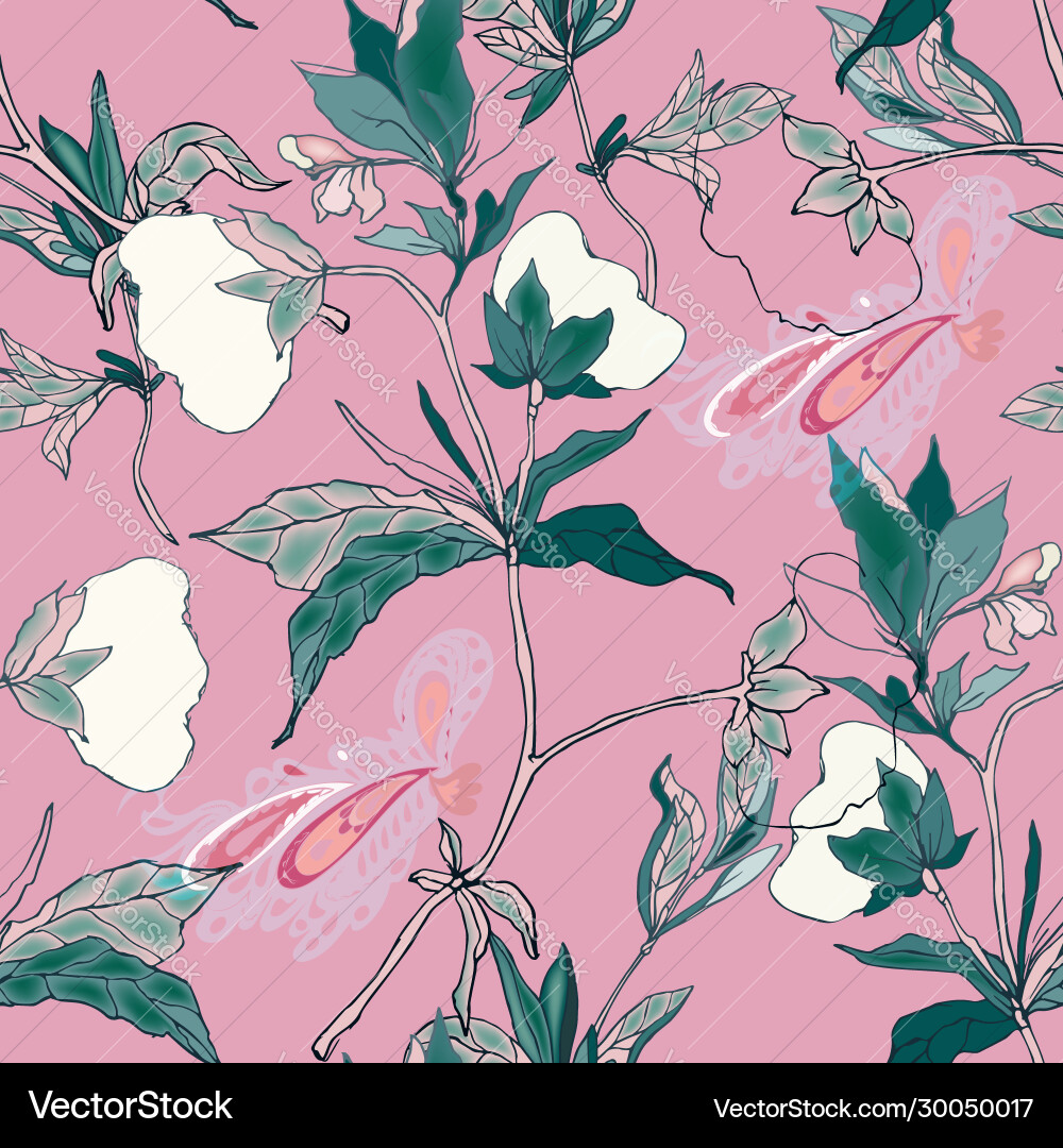 Floral seamless pattern cotton flowers leaves Vector Image