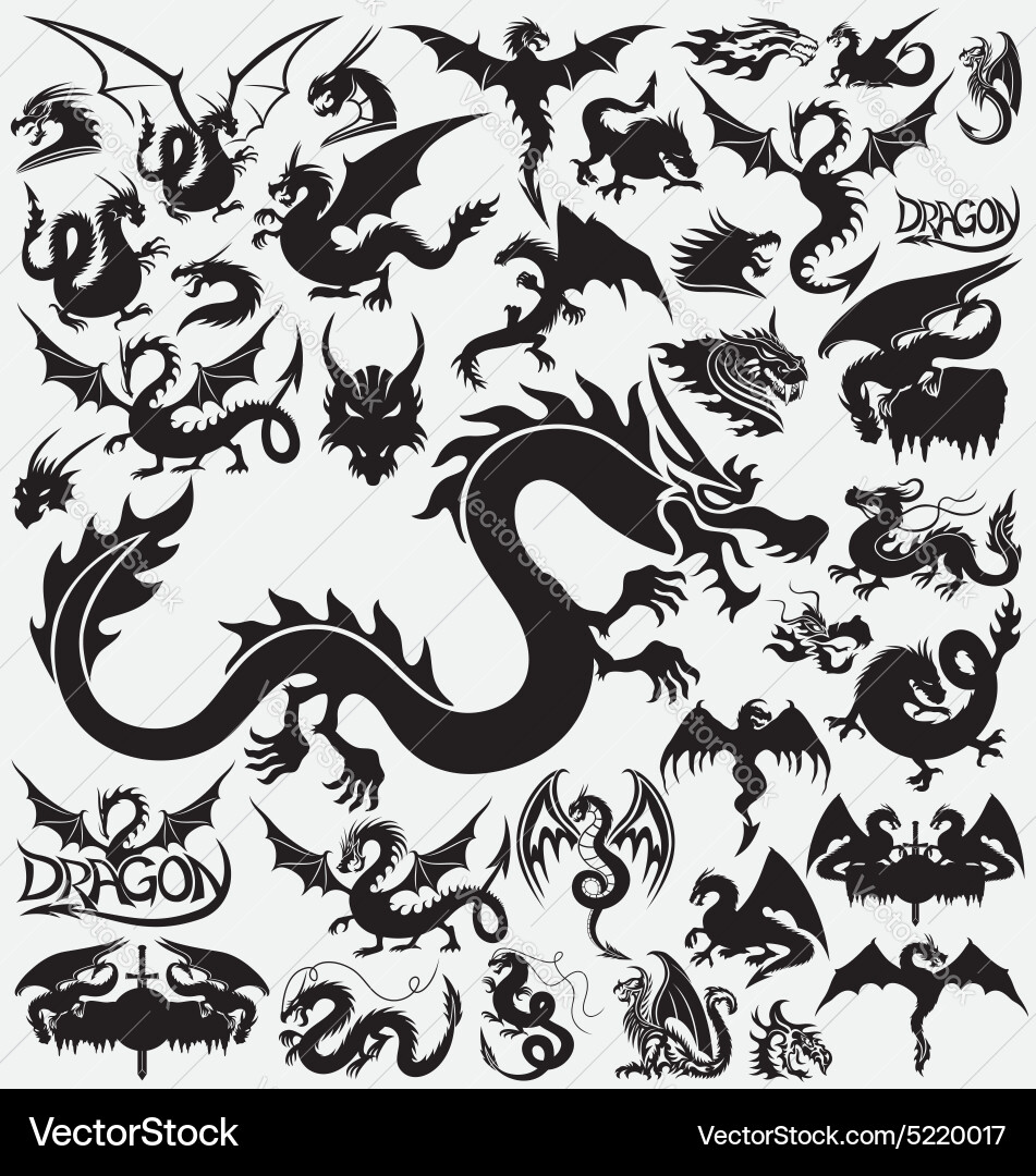 Set of black dragons Royalty Free Vector Image