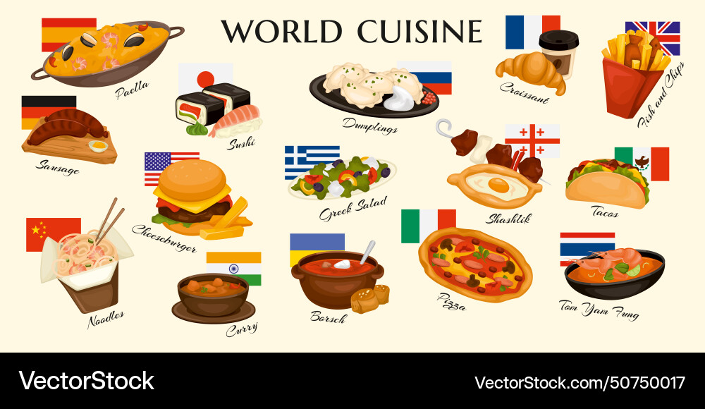 World cuisine dishes set Royalty Free Vector Image