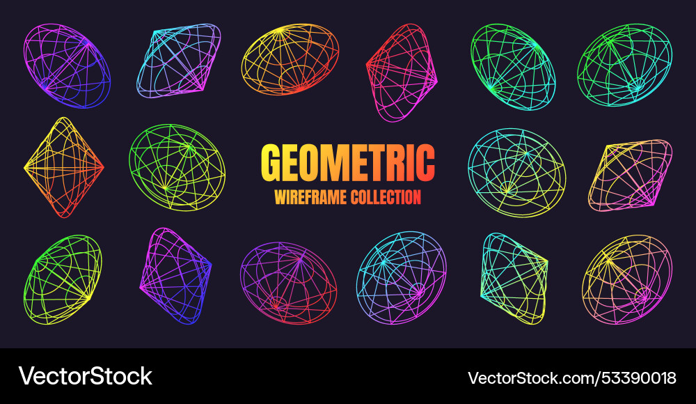Neon lined wireframe shapes perspective mesh 3d Vector Image