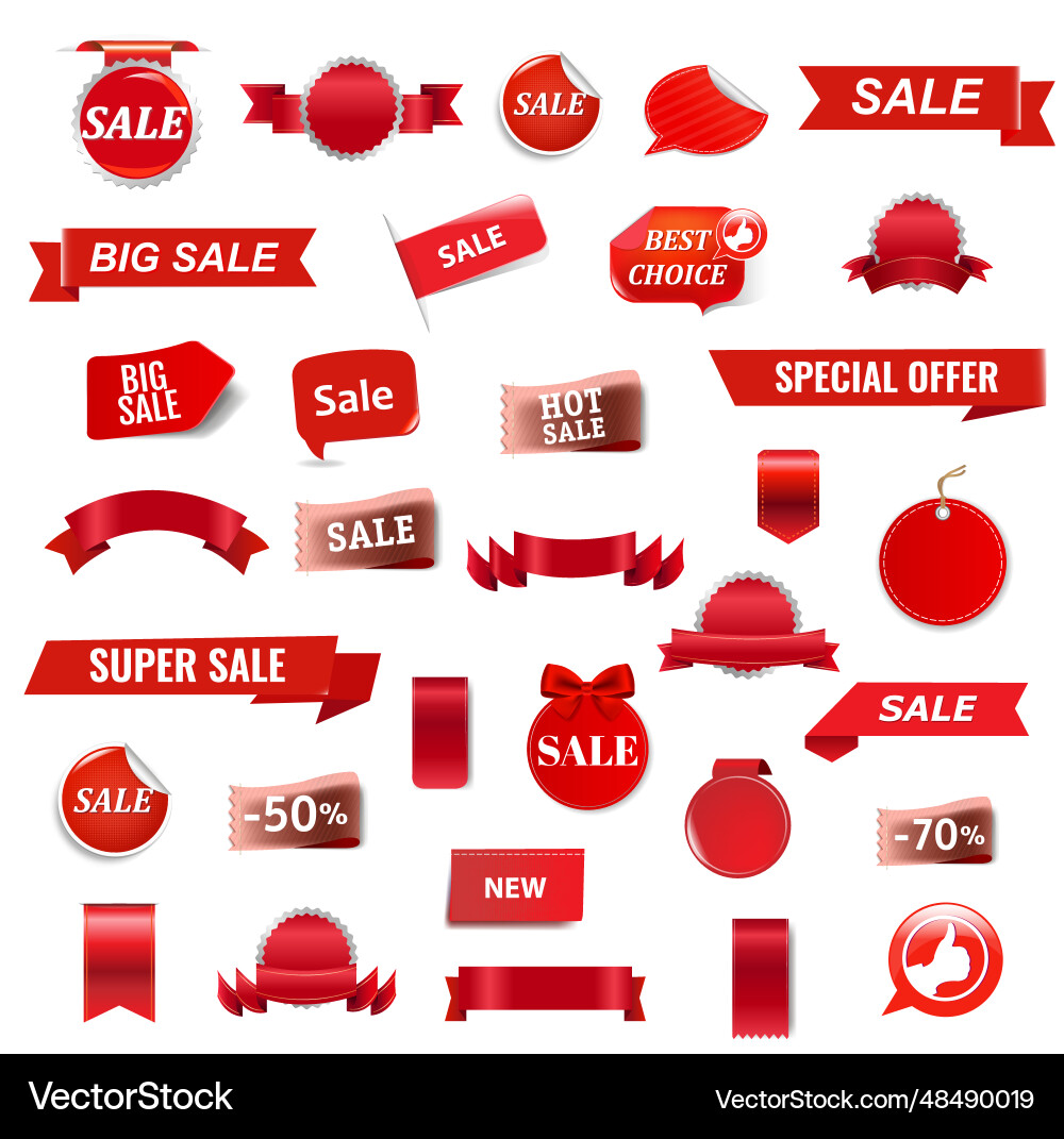 Big set tag and red ribbons Royalty Free Vector Image
