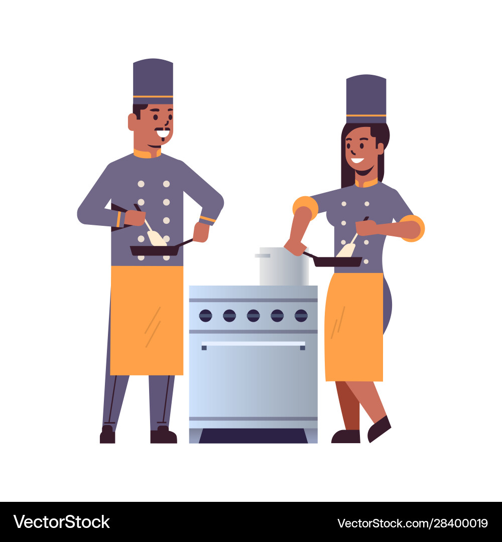 Cooks couple professional chefs using frying pan Vector Image